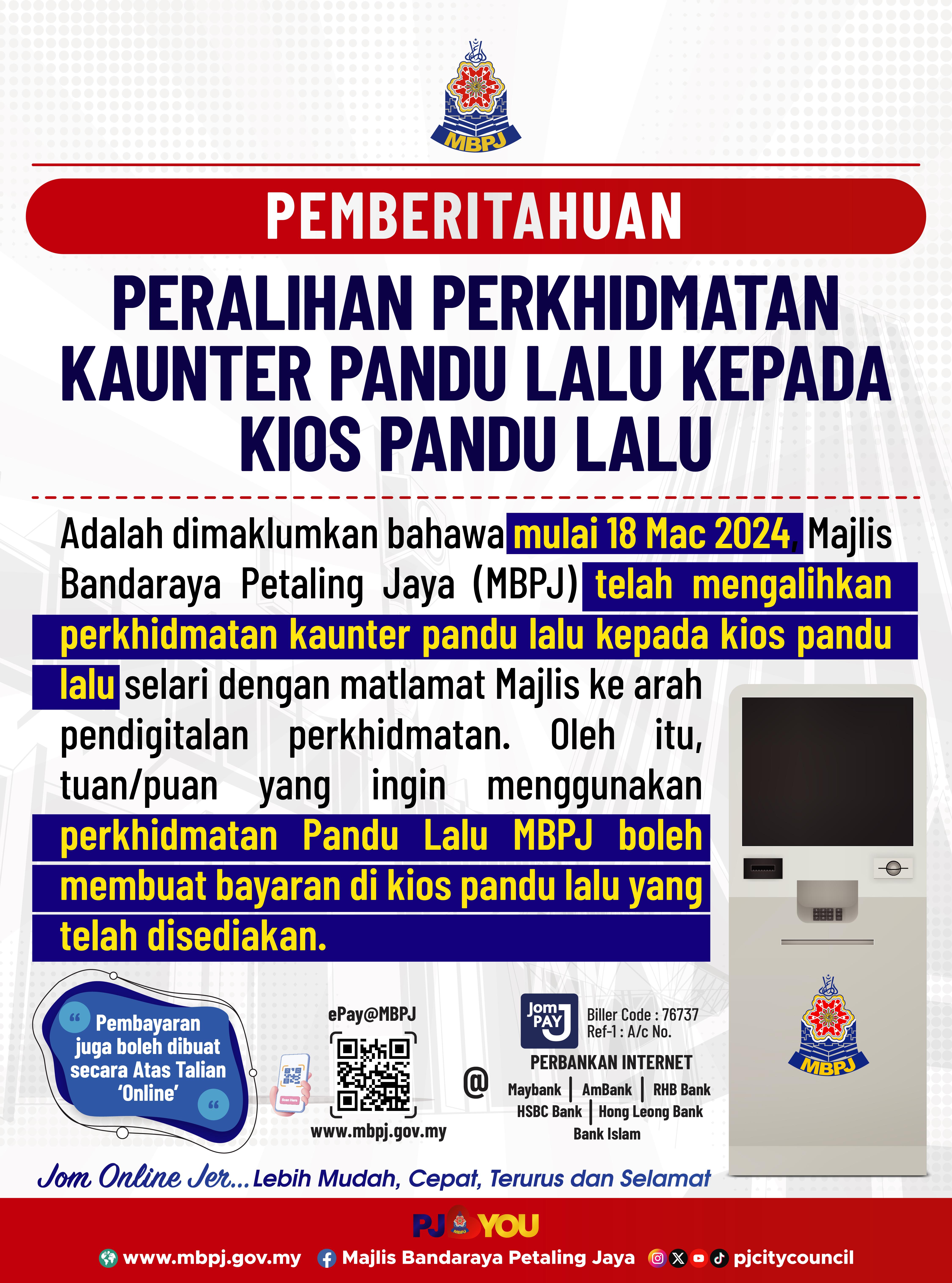 MAKLUMAN JADUAL WAKTU OPERASI KAUNTER MBPJ, KAUNTER BERGERAK DAN KIOS ...